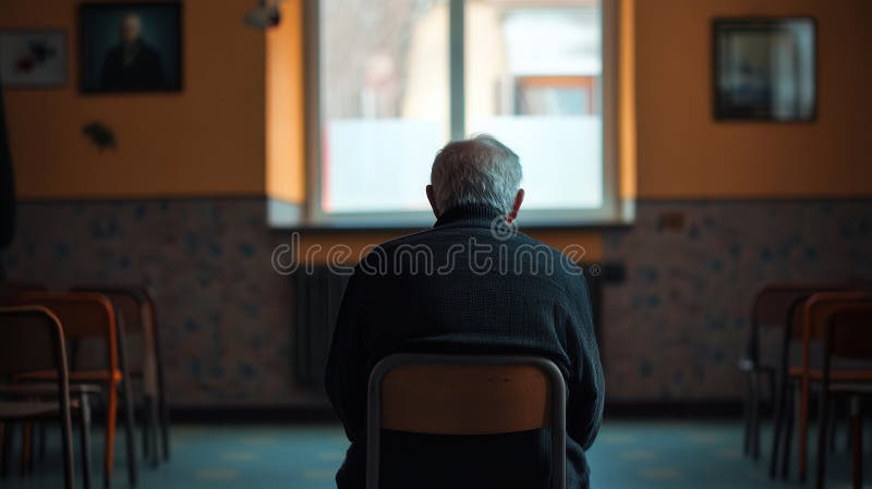 An Elderly Man Sits Alone on a Chair in an Empty Nursing Home, Facing a ...