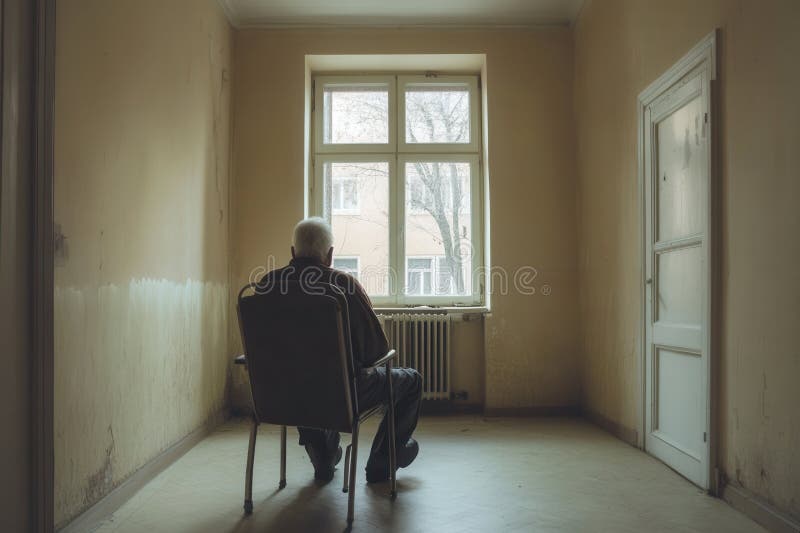An Elderly Man Sits in Solitude, Facing a Window in an Empty Room ...