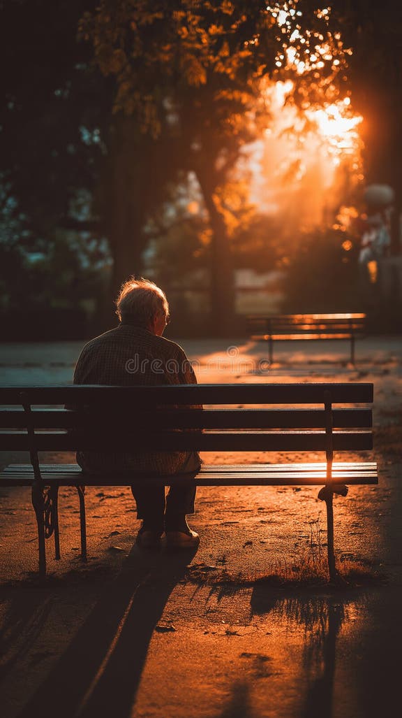 Elderly Man Sitting Alone on Bench at Sunset Stock Illustration ...