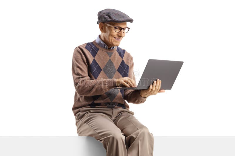 Elderly Man Sitting Blank Panel Laptop Computer Stock Photos - Free ...