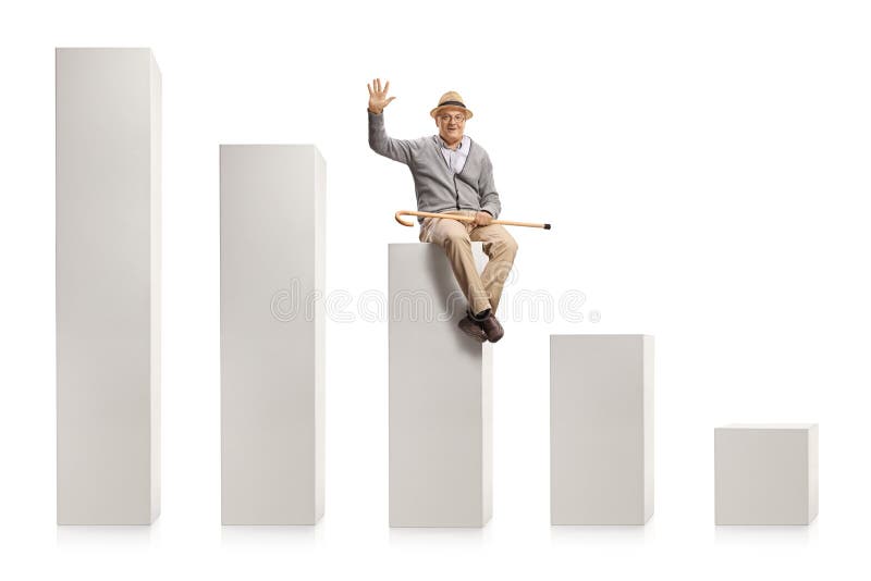 Elderly Man Sitting on a Column from a Chart and Greeting with Hand ...