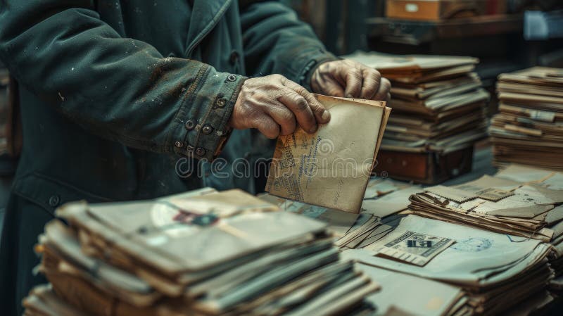 An Elderly Man Sorting through Old Maps and Documents. Stock Photo ...