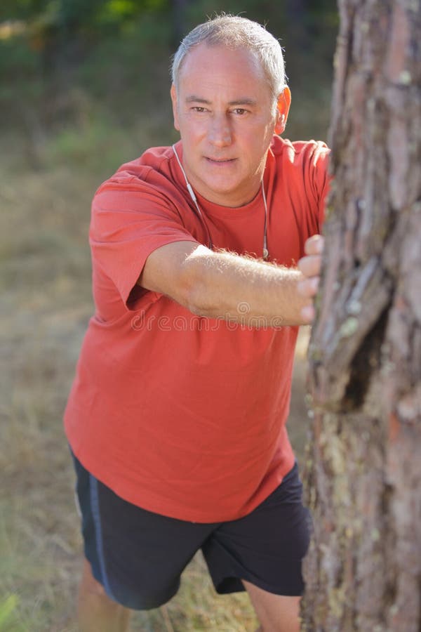 Elderly Man Stretching on Tree Stock Photo - Image of stretching ...