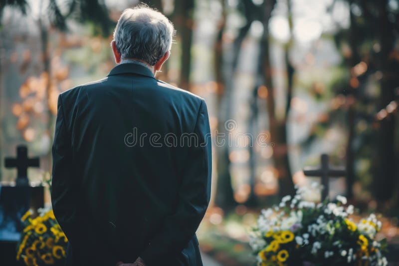Elderly Man in a Suit Standing in a Cemetery with Blurred Trees and ...