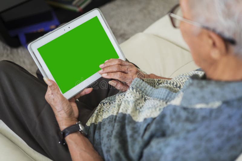 Elderly Man Uses Digital Tablet with Empty Screen Stock Image - Image ...