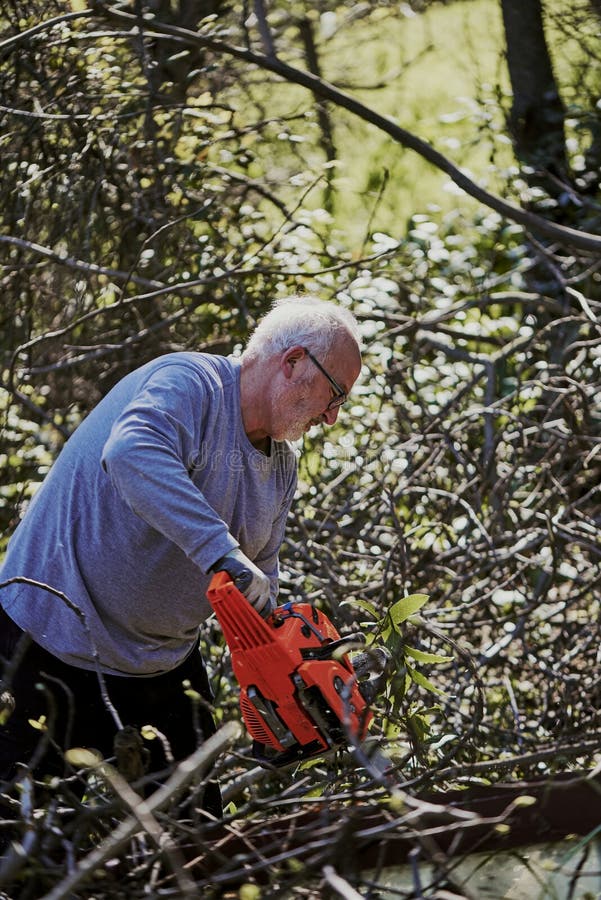 An Elderly Man is Using a Chainsaw in the Garden. Stock Image - Image ...