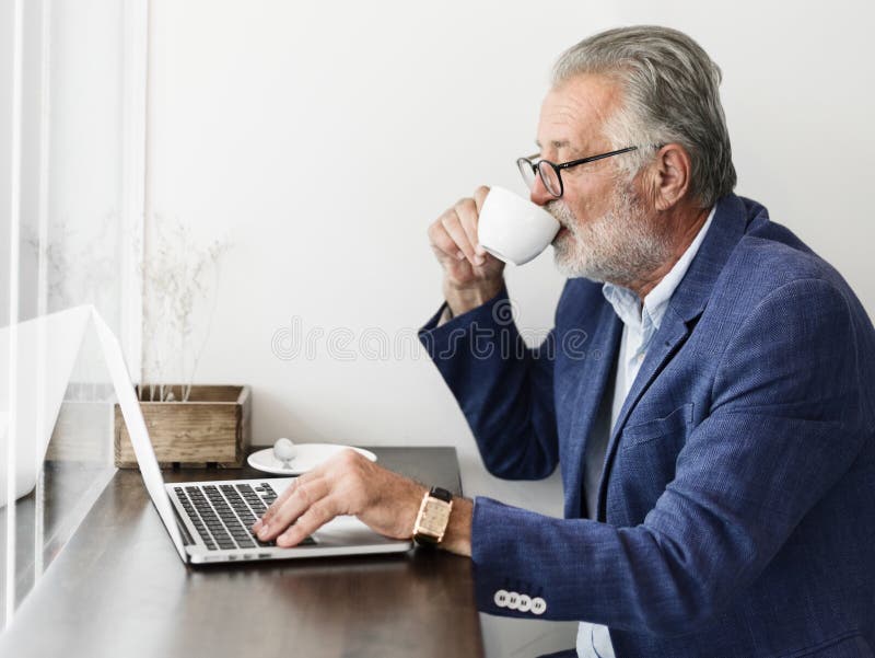 Elderly Man is Using Computer Laptop Stock Photo - Image of work, adult ...