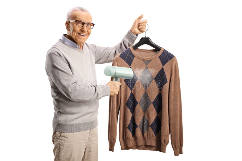 Elderly Man Using a Hand Steam Iron and Smiling Stock Image - Image of ...