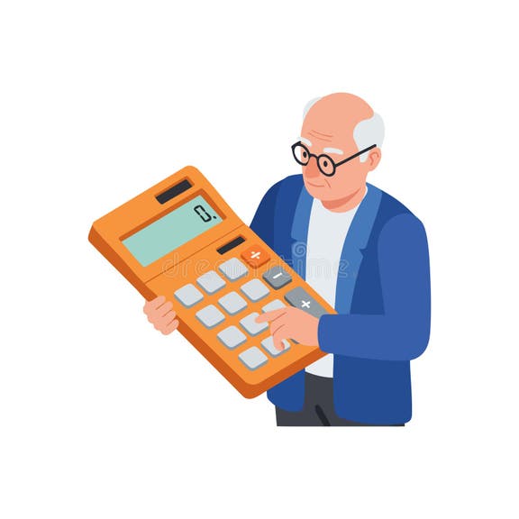 Elderly Man Using Oversized Orange Calculator for Math Calculation ...
