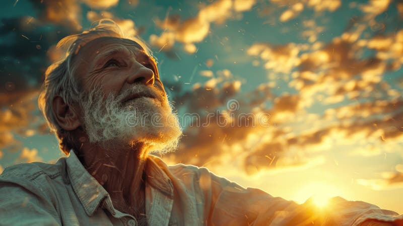 Senior Health and Wellness Elderly Man with a White Beard Gazing at a ...