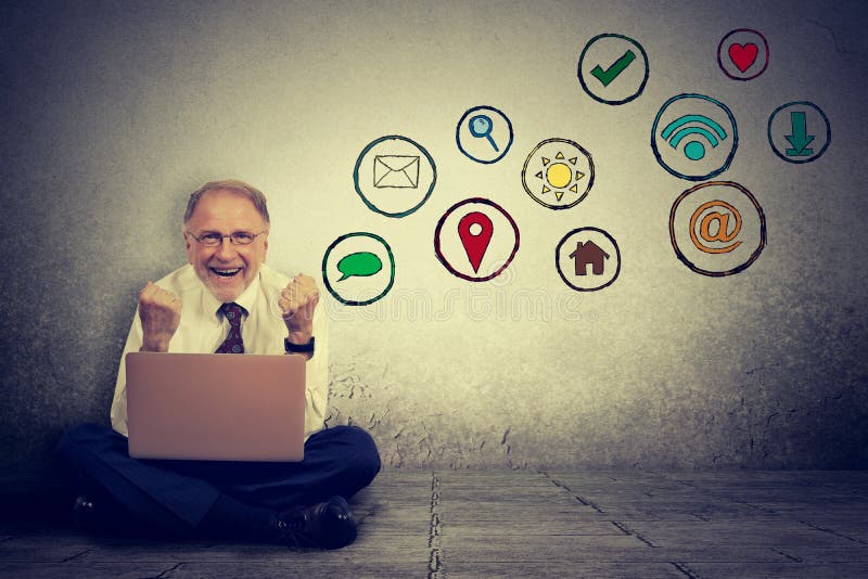 Elderly Man Working on Computer Using Social Media Application Stock ...