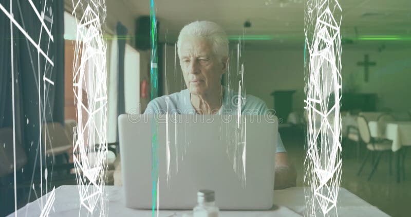 Elderly Man Working on Laptop with Digital Network Animation Overlay ...