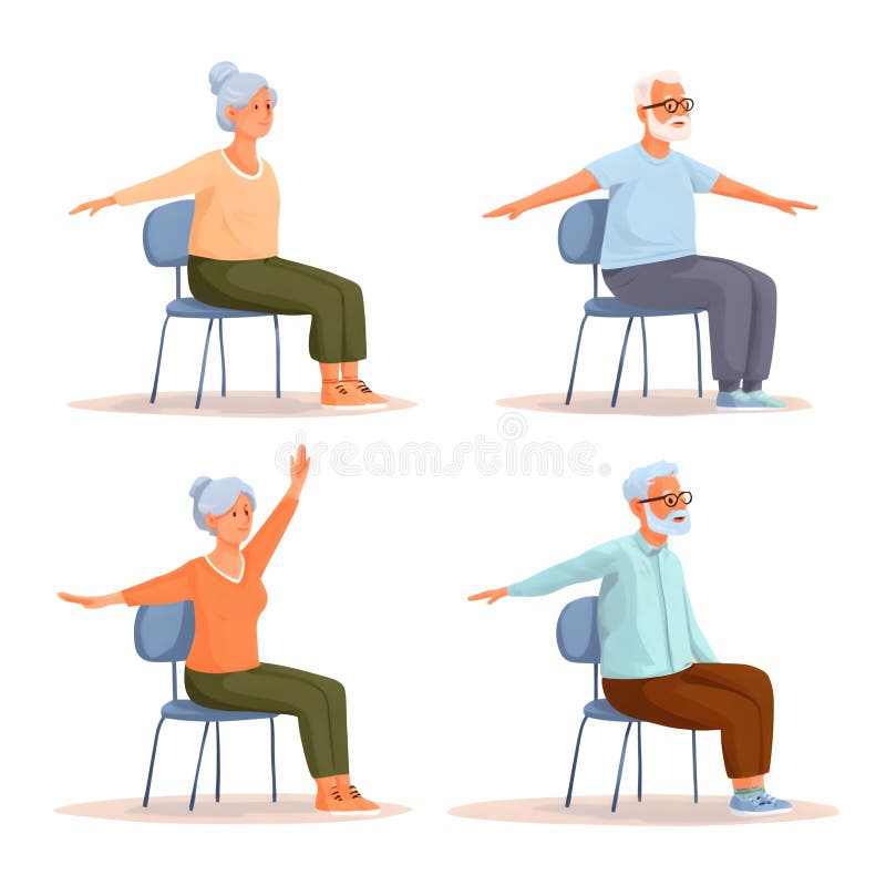 Elderly People Doing Seated Exercises with Arms Outstretched in Four ...