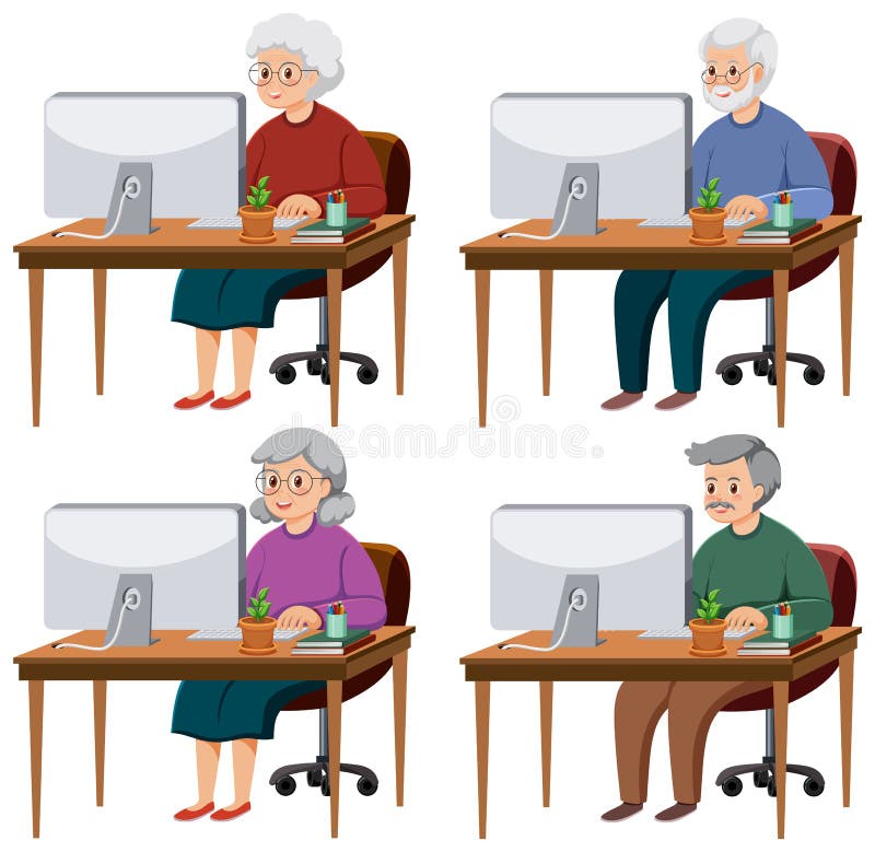 Elderly People Sitting in Front of Computer Stock Vector - Illustration ...