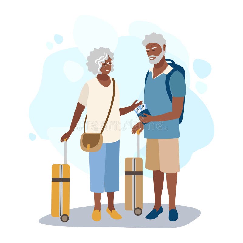 Happy Elderly Couple with Suitcases and Plane Tickets Stock Vector ...