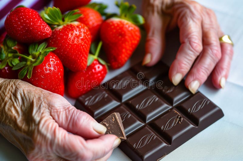 Elderly Person Indulging in a Dark Chocolate Square and Strawberries ...