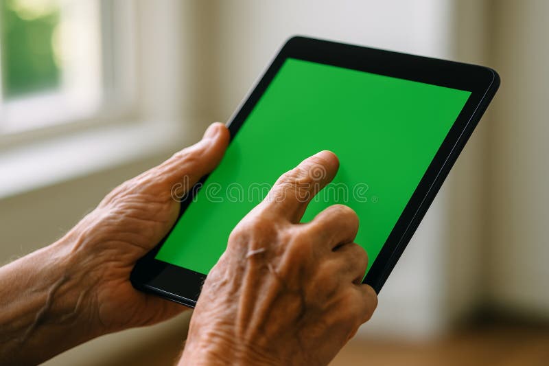 Elderly Person Interacting with a Digital Tablet Featuring a Green ...