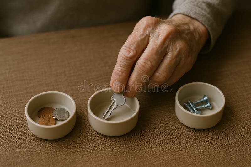 An Elderly Person Practices Sorting Items Like Keys, Coins, and Screws ...