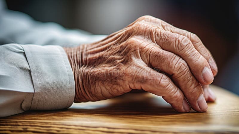 An Elderly Person& X27;s Hands Resting on a Wooden Table, AI Stock ...
