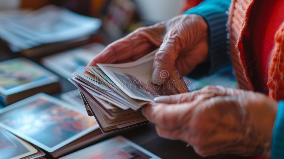 An Elderly Person Sorting through a Stack of Cards with Images and ...