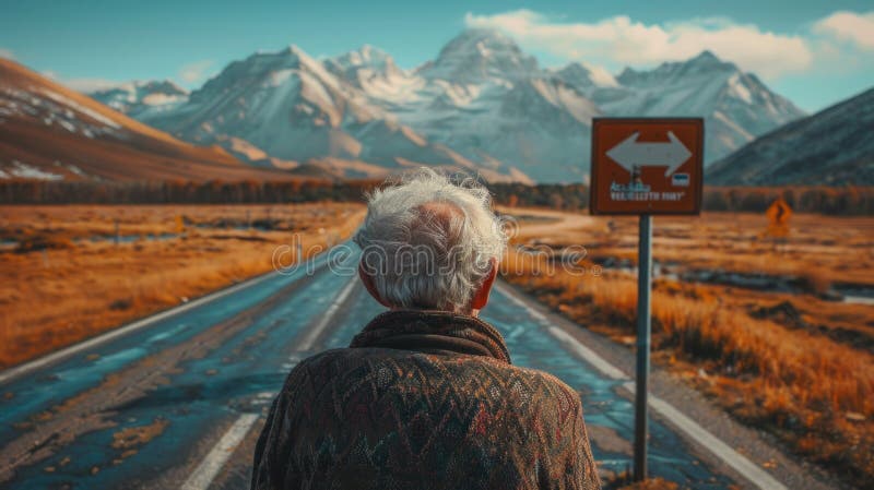 Elderly Person Staring at a Road Sign with Multiple Directions ...