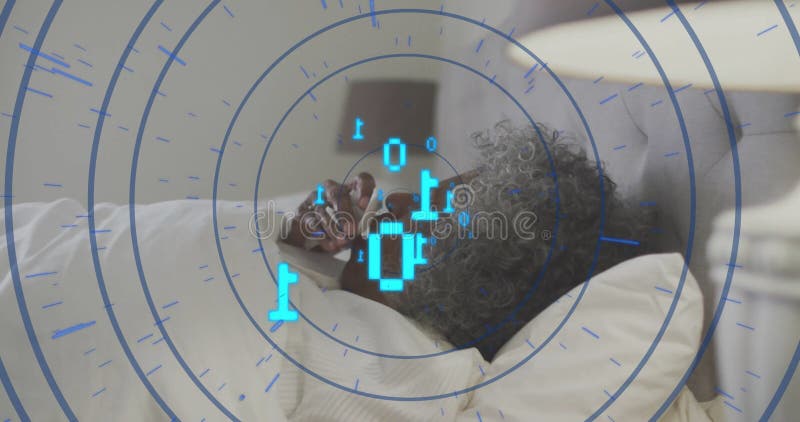 Elderly Person Using Smartphone in Bed with Digital Data Animation ...