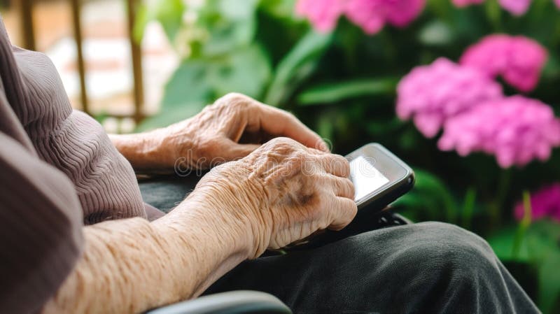 Elderly Person Using a Smartphone Outdoors, Focusing on Hands and ...