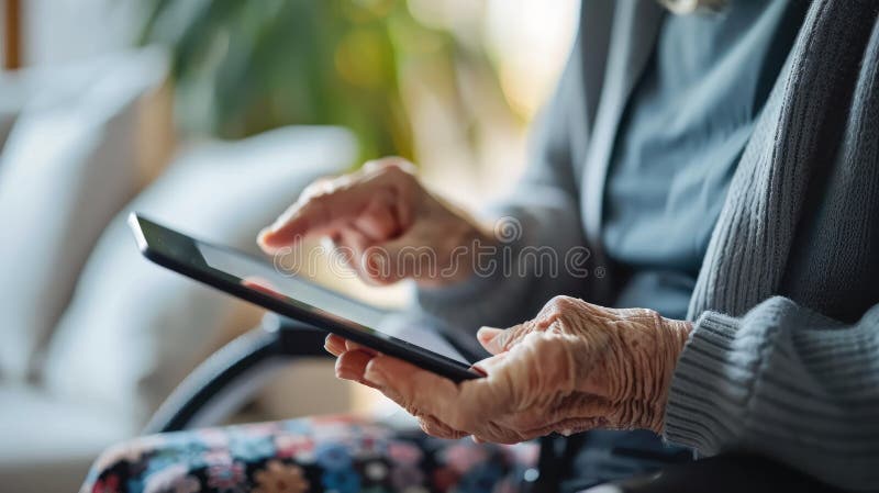 An Elderly Person in a Wheelchair Using a Tablet Device, with a ...