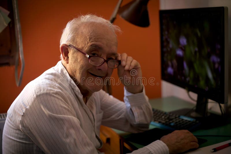 Elderly Person is Working on a Computer Stock Image - Image of sitting ...