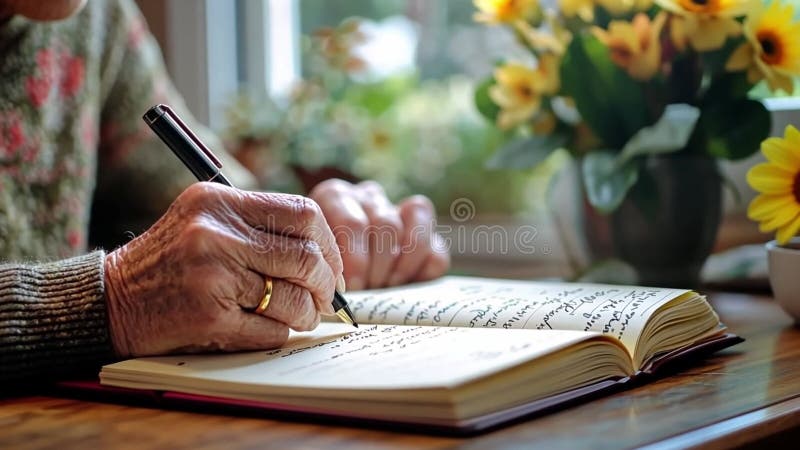 An Elderly Person Writes Thoughtfully in a Journal. the Scene Captures ...