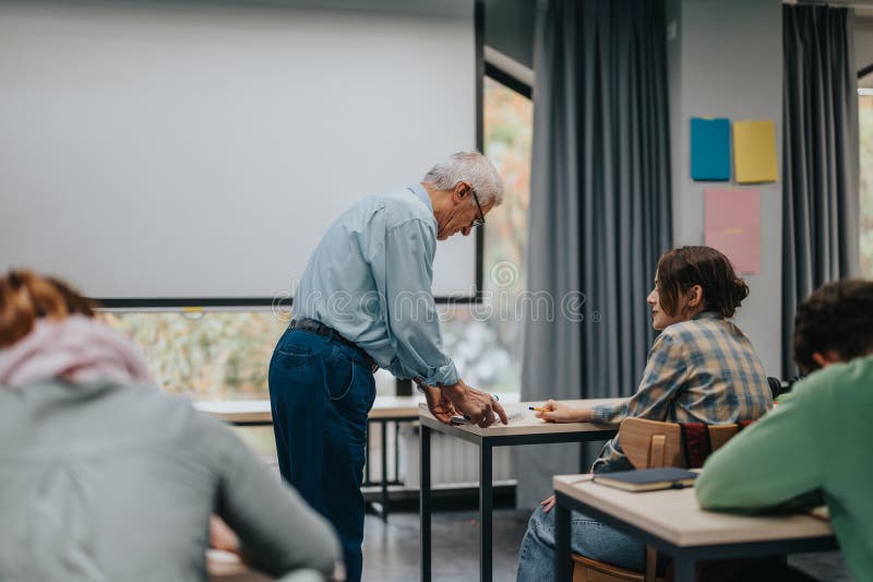 Elderly Professor Assisting Students in a Classroom Environment Stock ...