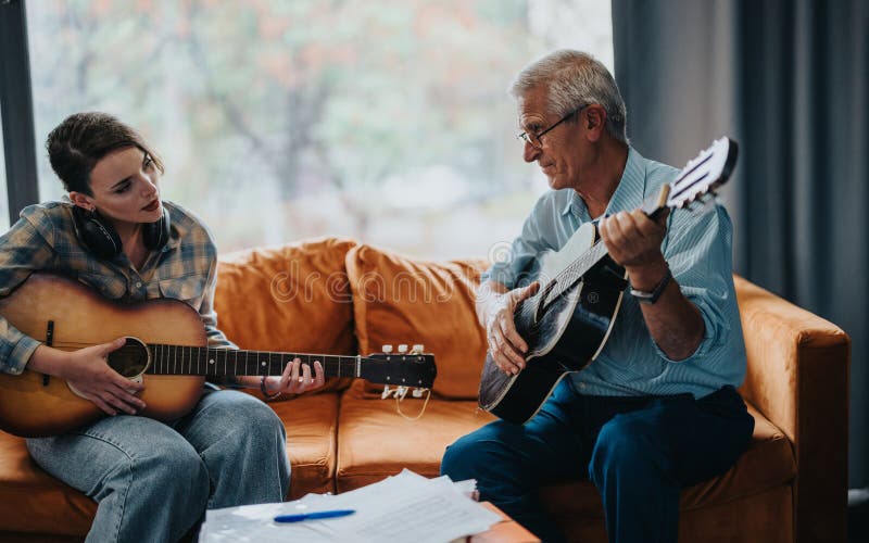 Elderly Professor Teaching Student Guitar Music Class Setting Stock ...