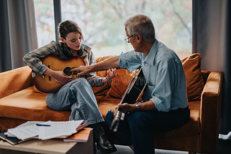 Elderly Professor Teaching Student Guitar Skills in Music Class Setting ...