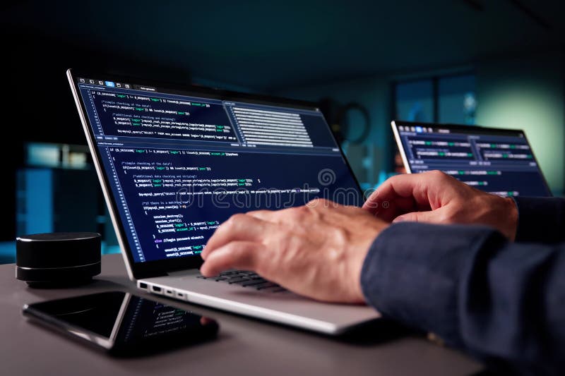 Elderly Programmer Codes in Office Late at Night Stock Photo - Image of ...