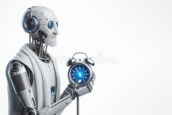 An Elderly Robot Holds an Alarm Clock. Space for Text. Stock Photo ...