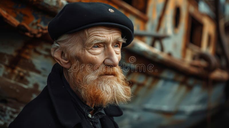 Elderly Sailor with a Contemplative Expression beside a Weathered Boat ...