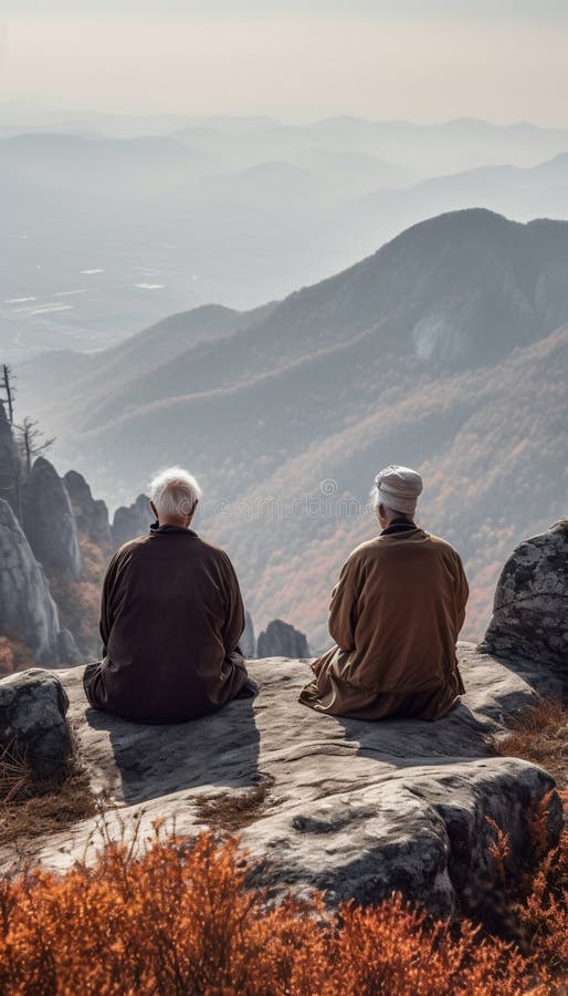 Elderly Senior Couple Sitting on a Rock in the Mountains, Back View, AI ...