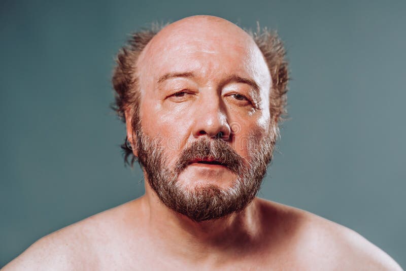 Elderly Senior Man with a Beard and Mustache, Bare Shoulders, Tired ...