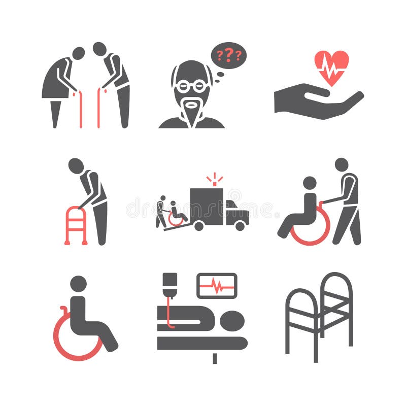 Elderly Services Icons Set. Care Help and Accessibility. Disabled ...