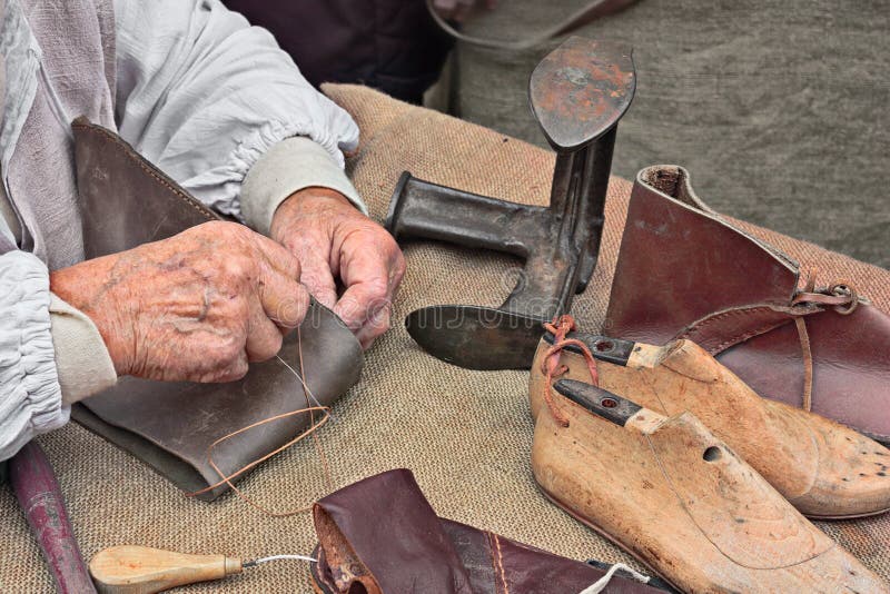 Elderly Shoemaker Makes Artisan Shoes Stock Photo - Image of sewing ...