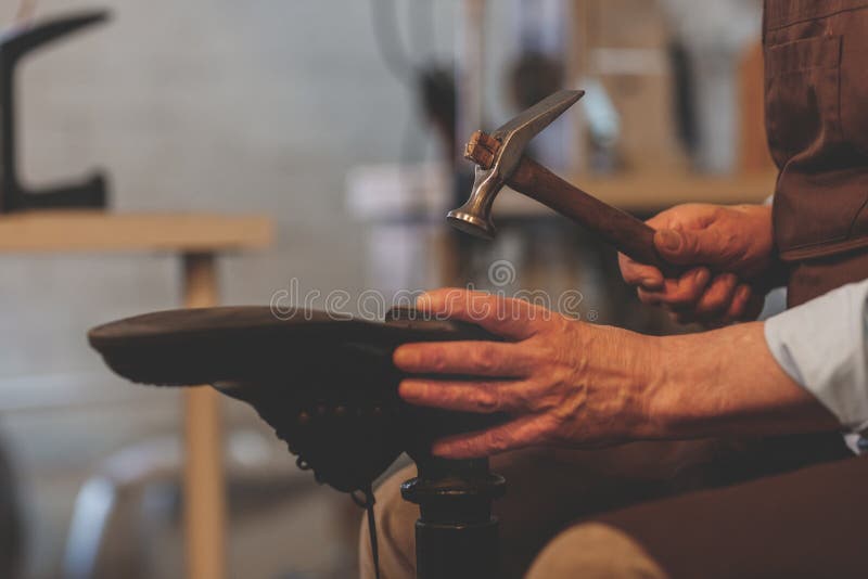 An Elderly Shoemaker at Work Close-up Stock Photo - Image of fashion ...