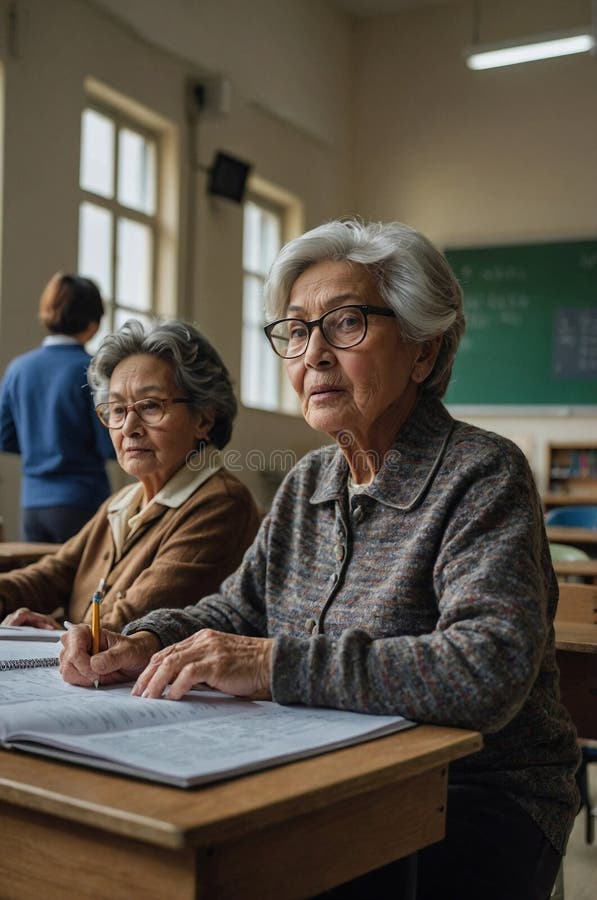 Elderly Students Engaged in Classroom Learning, Focusing on Their ...
