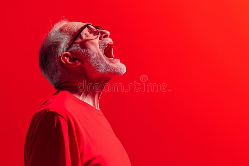 Elderly Man Expressing Emotion in a Bold Red Setting during a Vibrant ...
