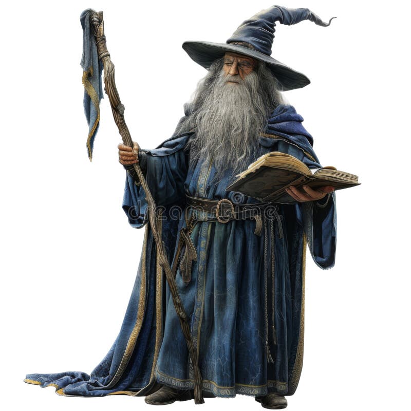 Elderly Wizard in Blue Robes Holding a Book and Staff Stock ...