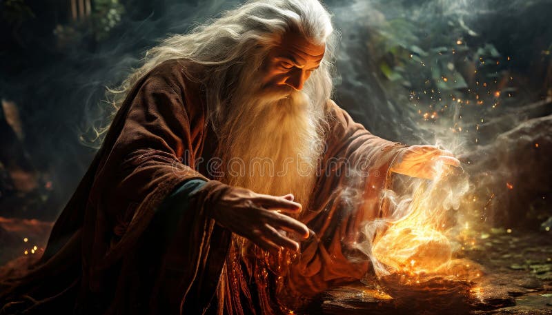 Elderly Wizard Conjuring a Glowing Magical Fire in a Forest Setting ...