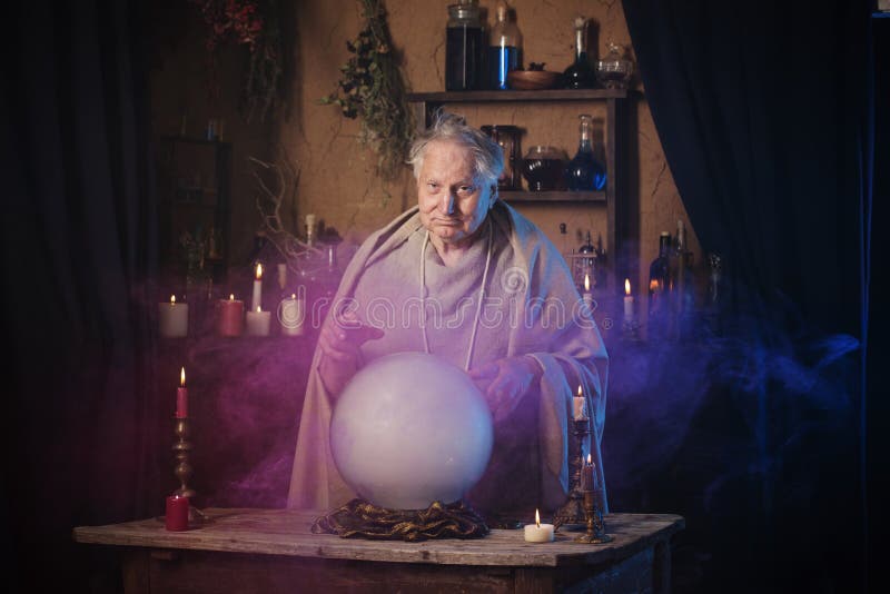 Elderly Wizard with Crystal Ball Stock Image - Image of magic, gray ...