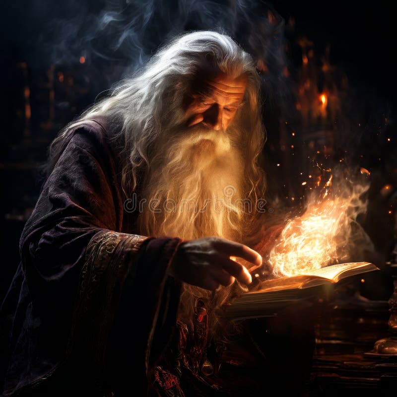 Elderly Wizard with Long Beard Casting Fiery Spell from Ancient Book ...