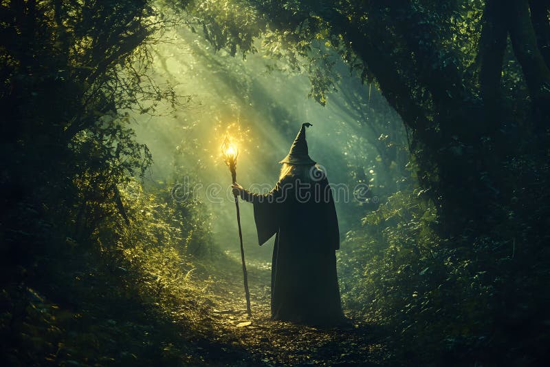 Elderly Wizard with Staff Walking through Mystical Forest Path ...