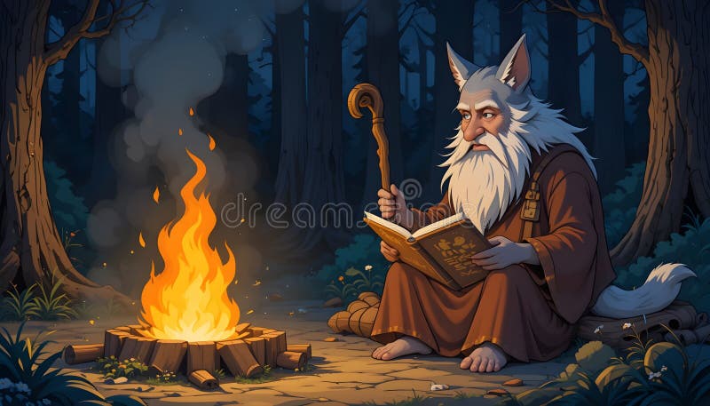 Elderly Wolf-like Mage Reading by Campfire in Dark Forest Stock ...