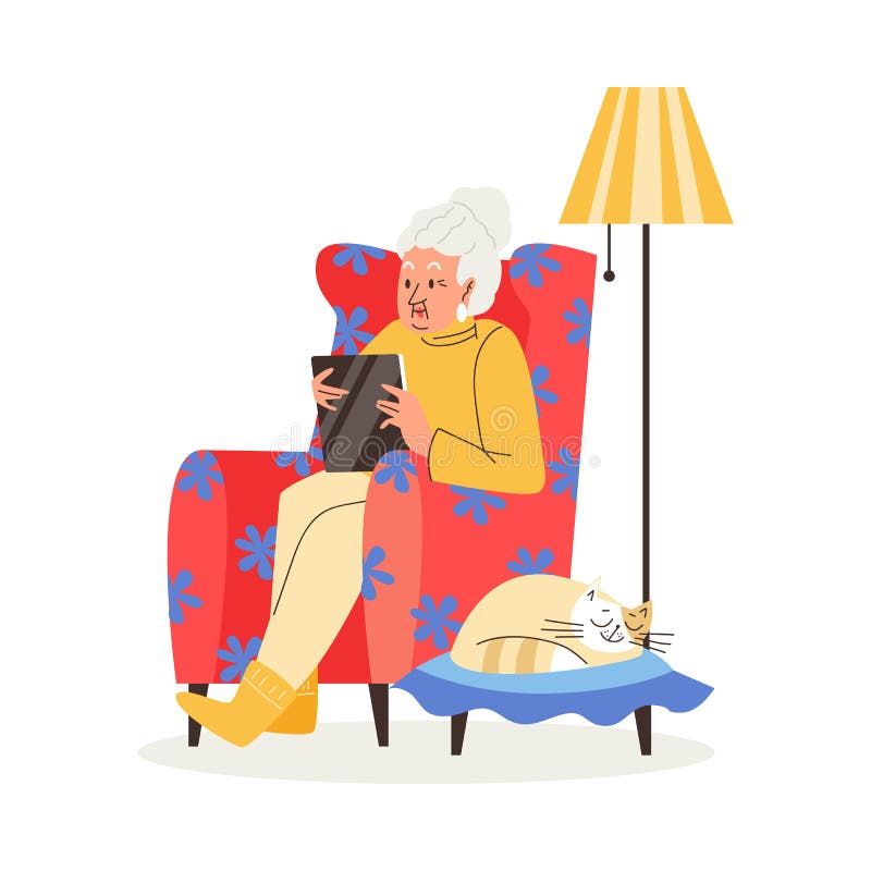 Elderly Woman Adapting To New Technologies, Flat Vector Illustration ... Elderly Woman Adapting To New Technologies, Flat Vector Illustration ...